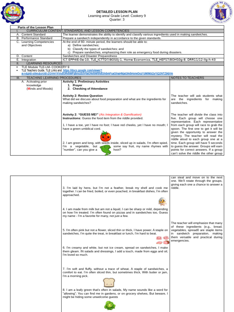 Demo Matatag-Tle-Cookery | PDF | Sandwich | Breads