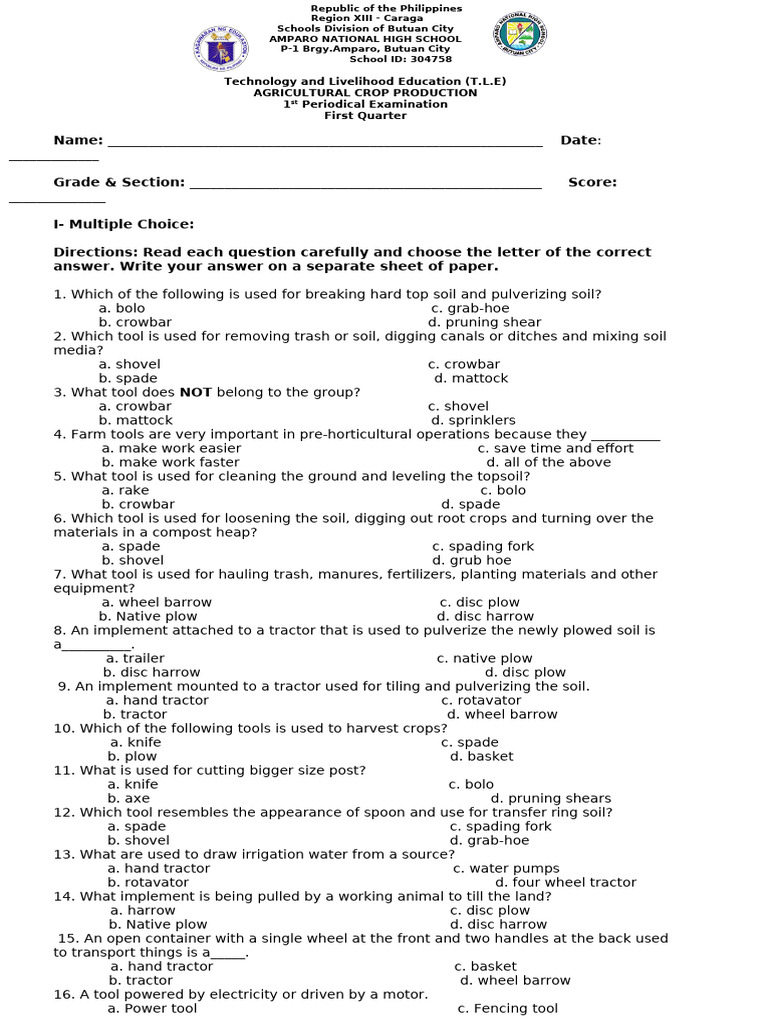 Tle 7 - Periodical Exam | PDF | Irrigation | Plough