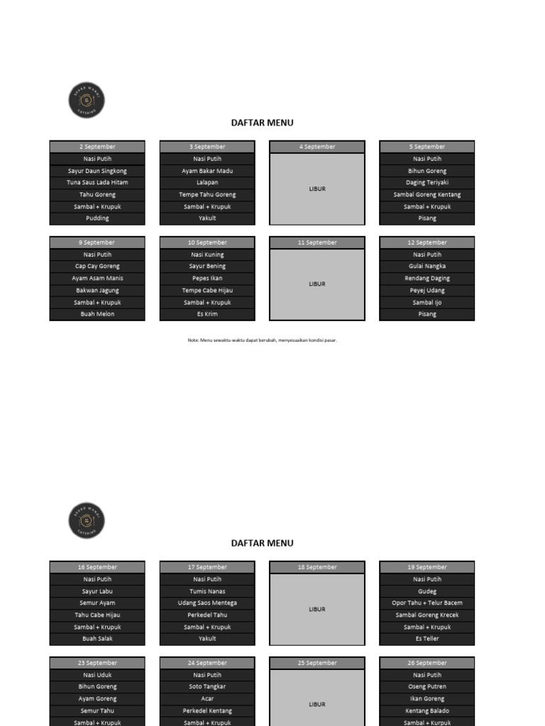 Menu Sekar Wangi - September 2024 | PDF