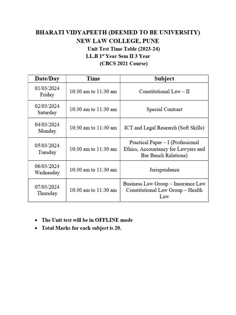 LLB 1st To 3rd Year Unit Test Time Table-2024 | PDF | Governance | Justice