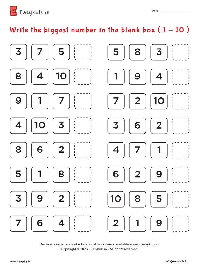 Write The Biggest Number Worksheet LKG | PDF