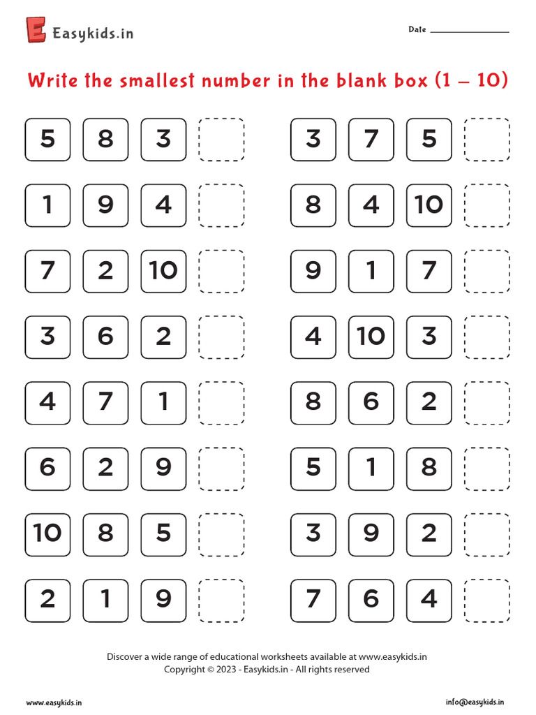 Write The Smallest Number Worksheet LKG | PDF