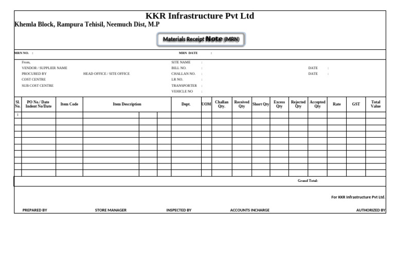Material Receipt Note Format Guide | PDF
