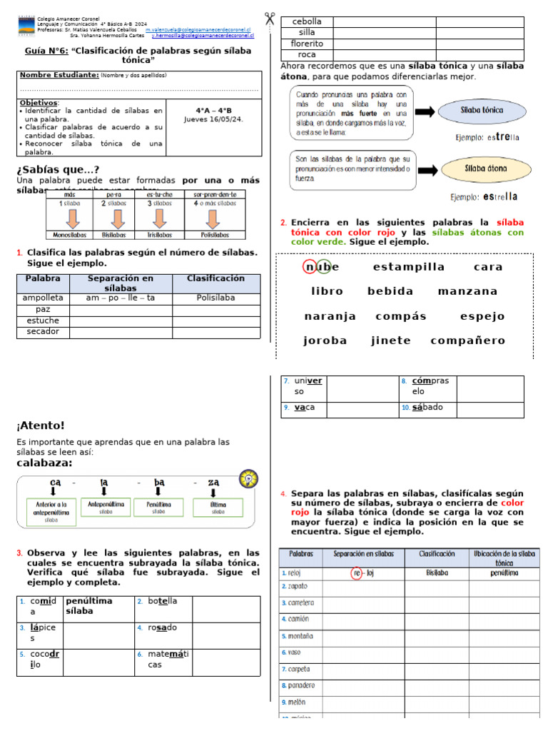 Guía N°6, 4° Básico A-B 2024, Clasificación de Palabras Según Sílaba ...