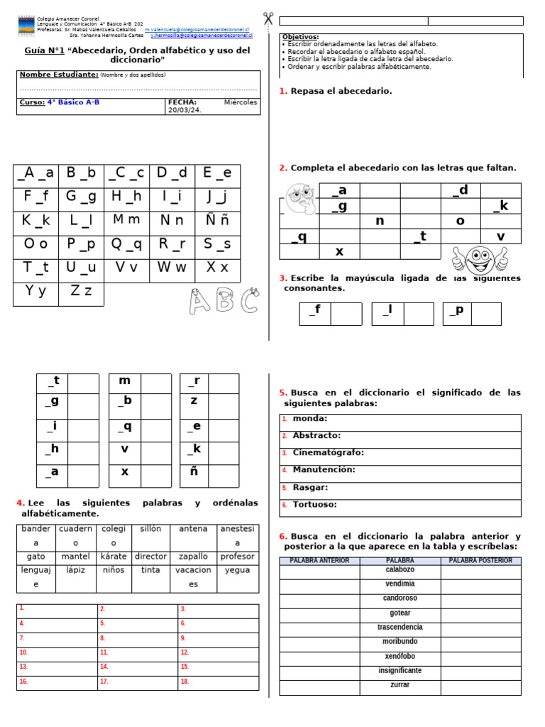 Guía N°1, 4° Básico A-B 2024, Abecedario, Orden Alfabético y Uso Del ...