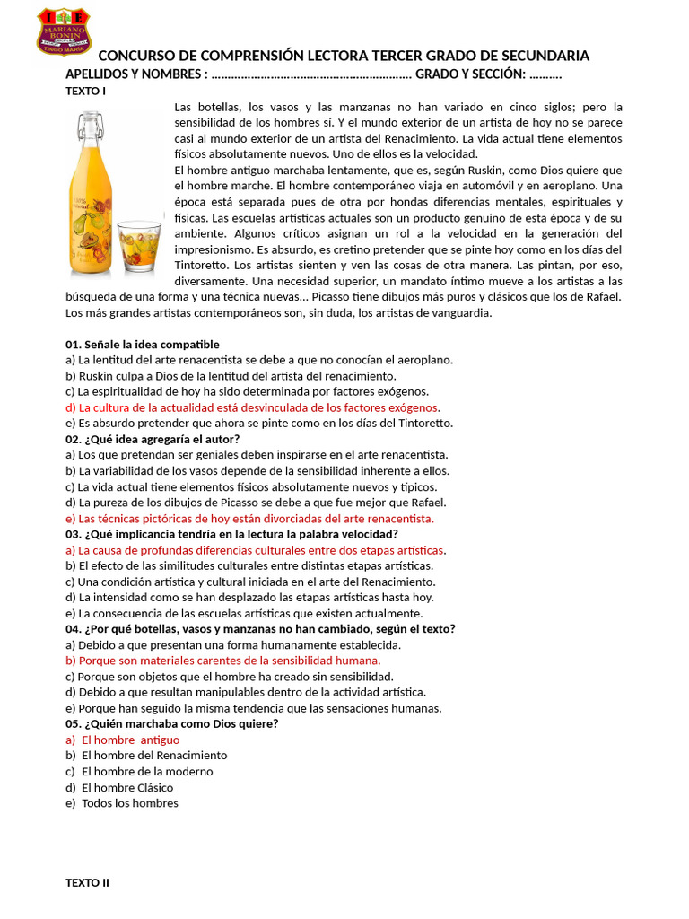 Concurso de Comprensión Lectora Tercer Grado de Secundaria | PDF ...
