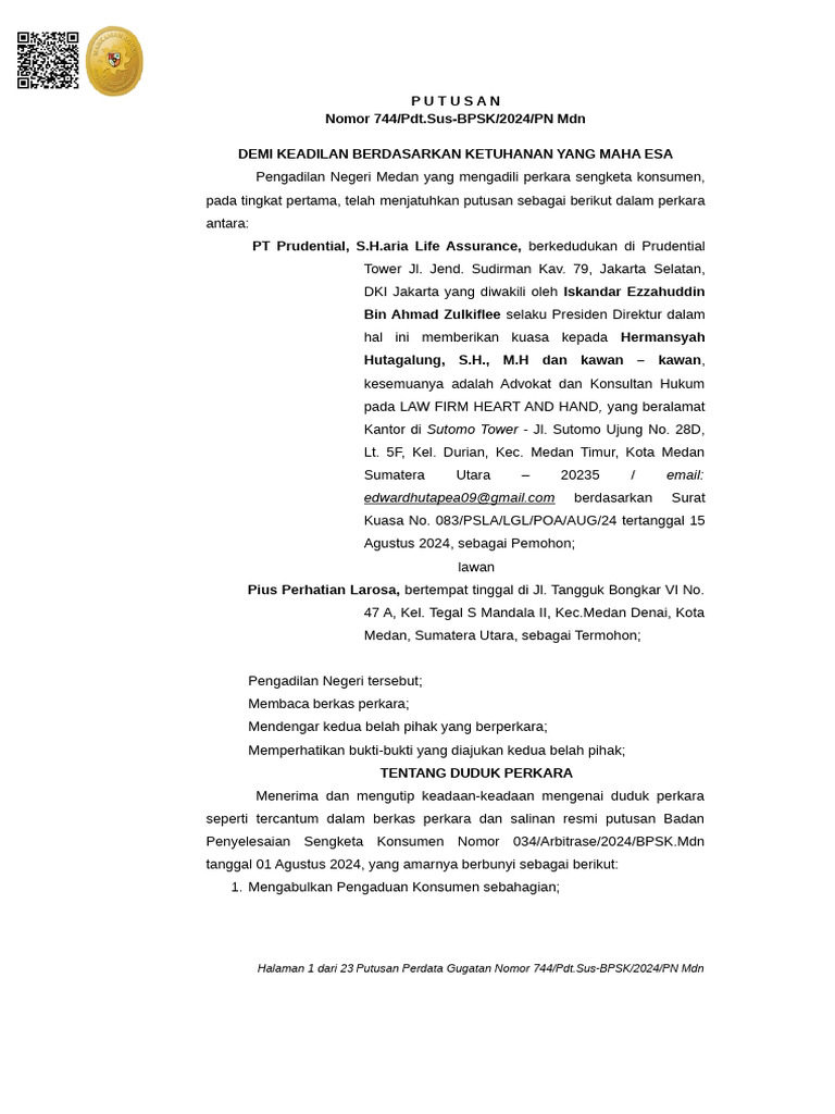 Putusan 744 PDT - Sus-Bpsk 2024 PN MDN 20241105204145 | PDF