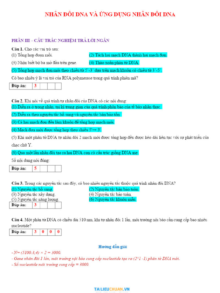 Phan III Cau Tra Loi Ngan Nhan Doi Dna Va Ung Dung Nhan Doi Dna Gvdocx 1600 PDF - Gdrive.vip | PDF