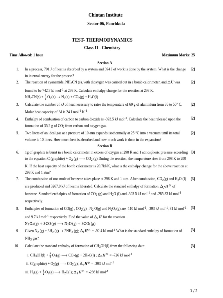 Class 11 Thermodynamics Test | PDF | Heat | Heat Capacity
