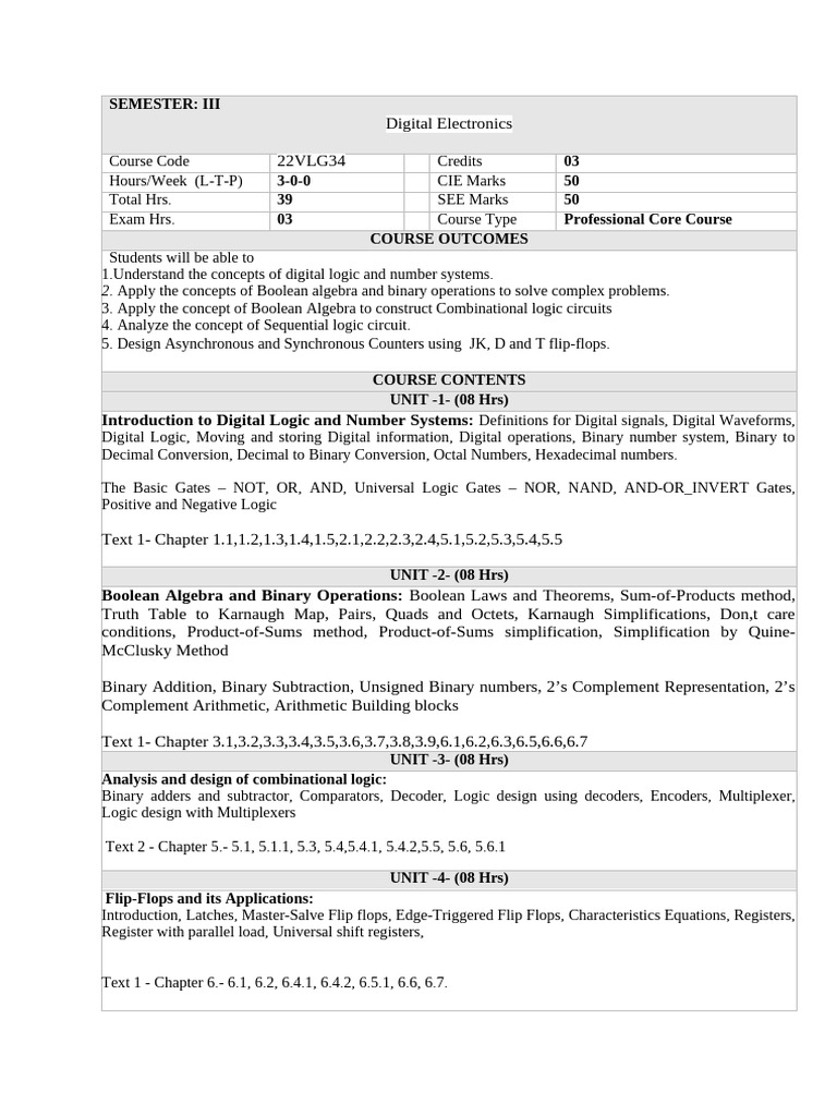 Digital Electronics Syllabus (22VLG34) | PDF | Logic Gate | Digital Electronics