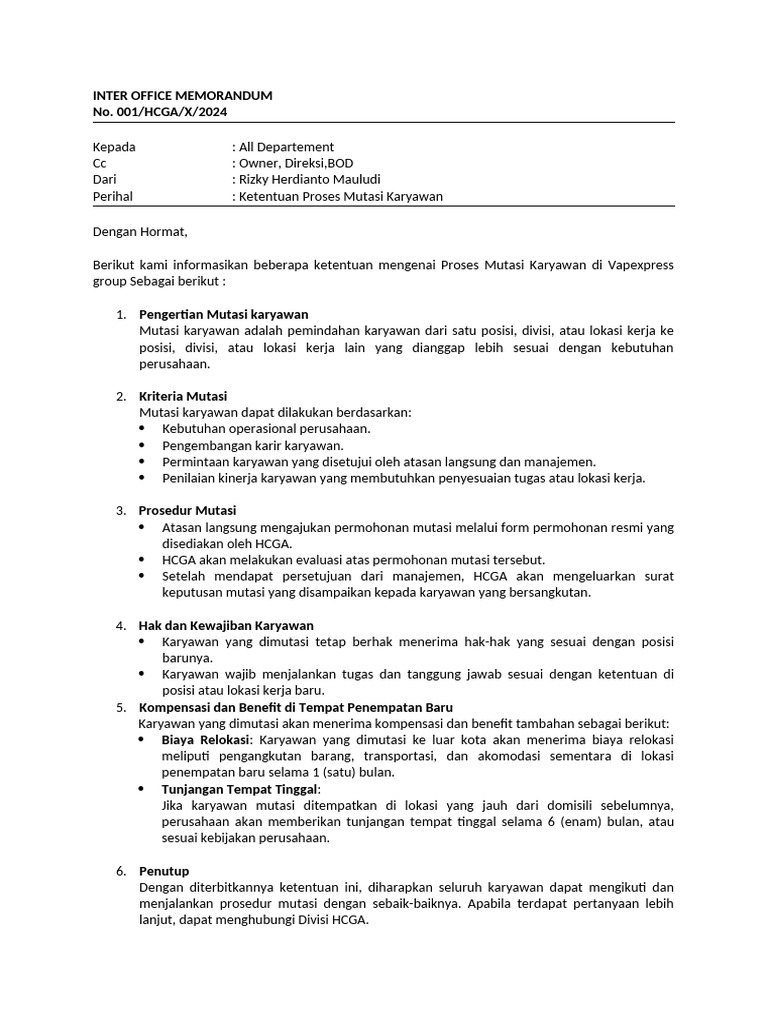 INTER OFFICE MEMORANDUM - Ketentuan Mutasi | PDF