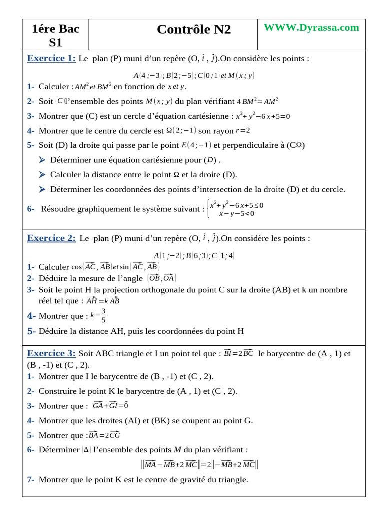 Contrôle de Maths 1ère Bac S1 | PDF | Coordonnées cartésiennes | Géométrie