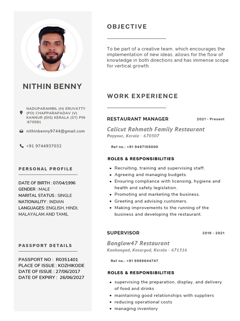 Nithin Resume | PDF | Restaurants | Kerala
