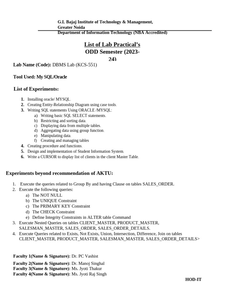 DBMS LAB LIST - Updated | PDF