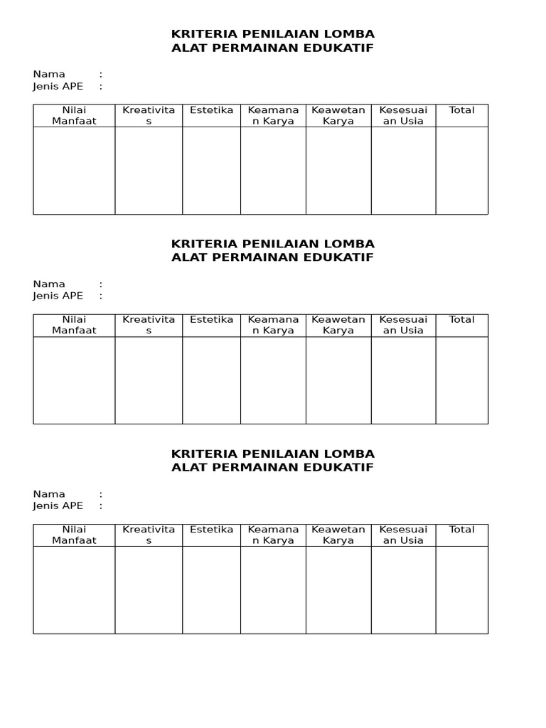 Kriteria Penilaian Lomba APE Edukatif | PDF