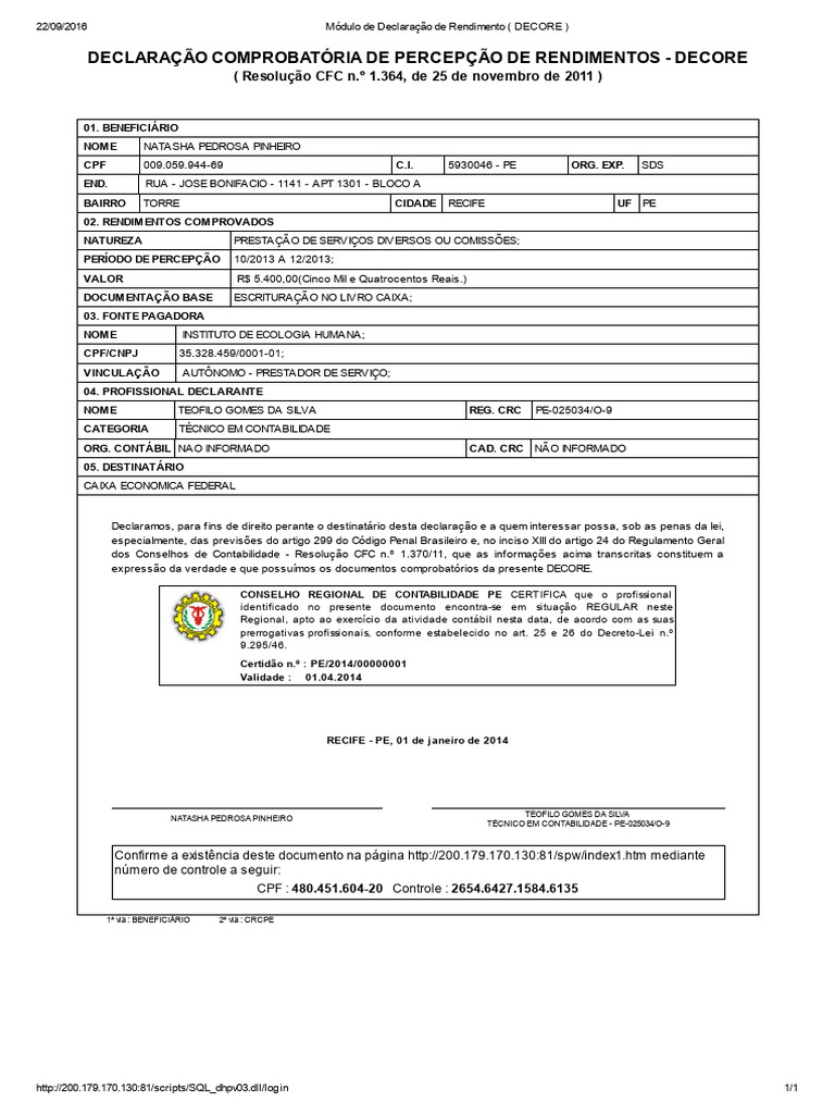Modulo de Declaracao de Rendimento DECORE PDF | PDF | Contabilidade