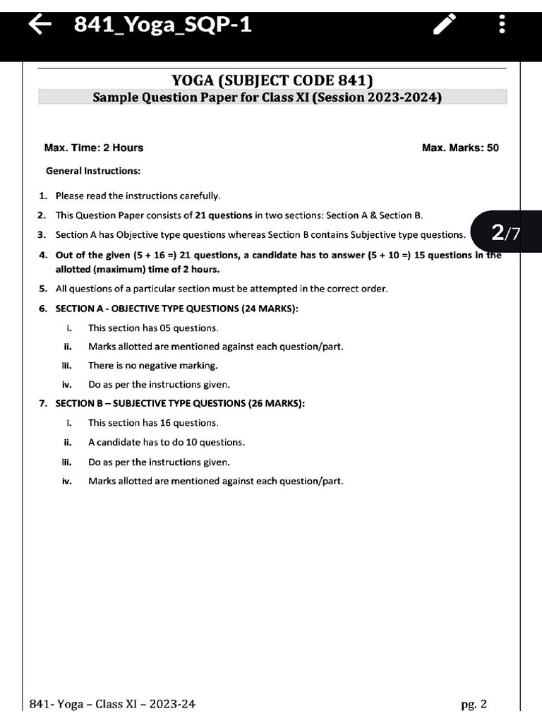 Sample Question Paper Class XI (Yoga) | PDF