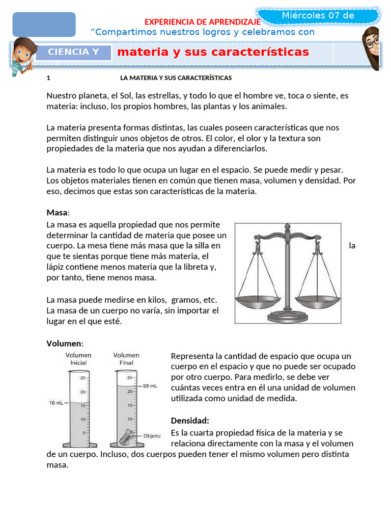 D3 A2 FICHA La Materia y Sus Características | PDF | Importar | Masa