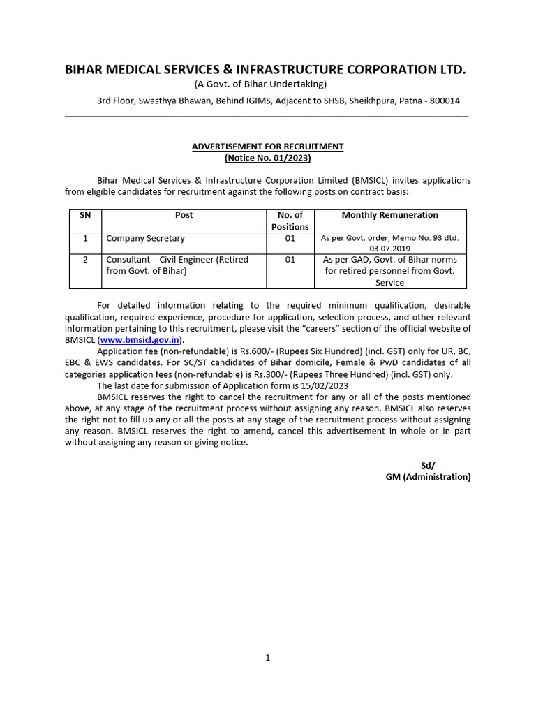 BMSICL Recruitment Notice 2023 | PDF | Employment | Affidavit