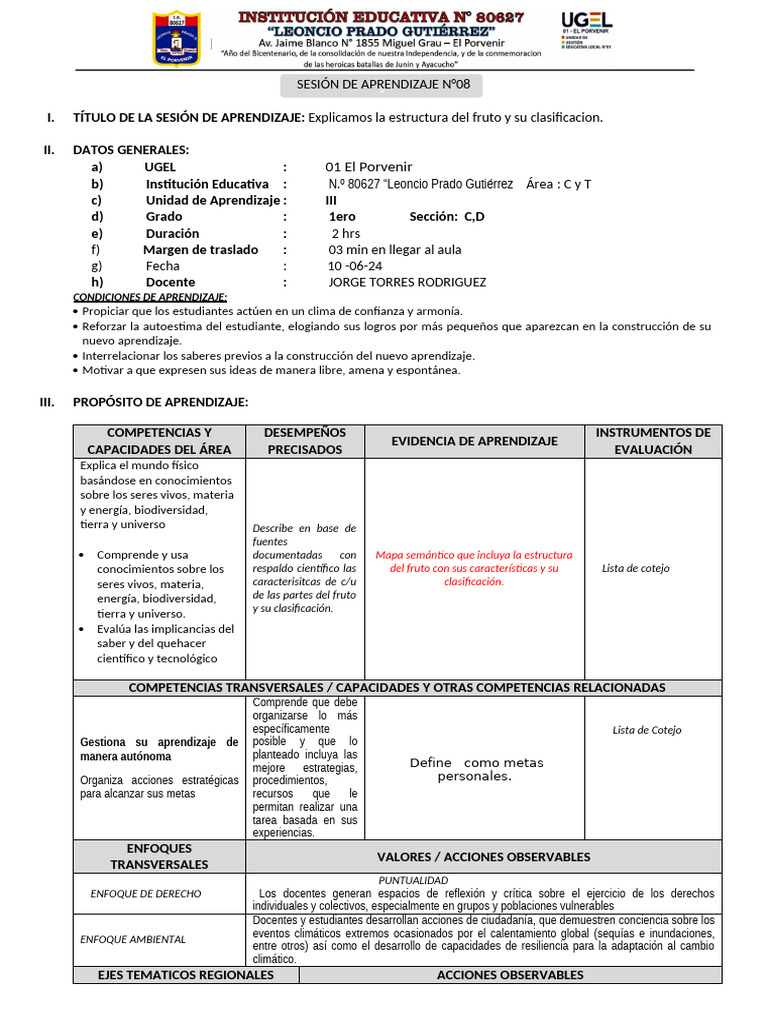 SESION DE APRENDIZAJE UNIDAD 4 SESION 8 y LISTA DE COTEJO CYT 1 GRADO LEONCIO PRADO | PDF ...