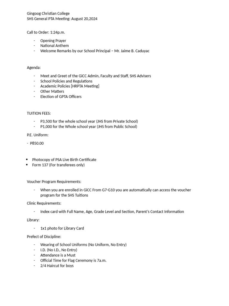 GPTA & HRPTA Meeting Minutes (Aug. 20,2024) | PDF