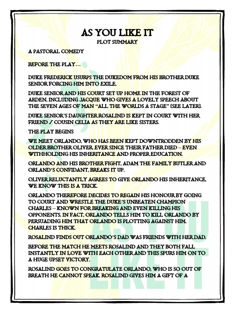 As You Like It: Plot Summary | PDF | Shakespearean Comedies | As You ...