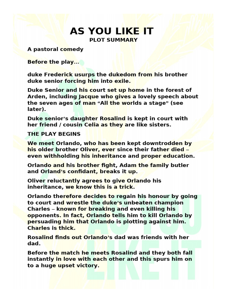 As You Like It: Plot Summary | PDF | Shakespearean Comedies | As You ...