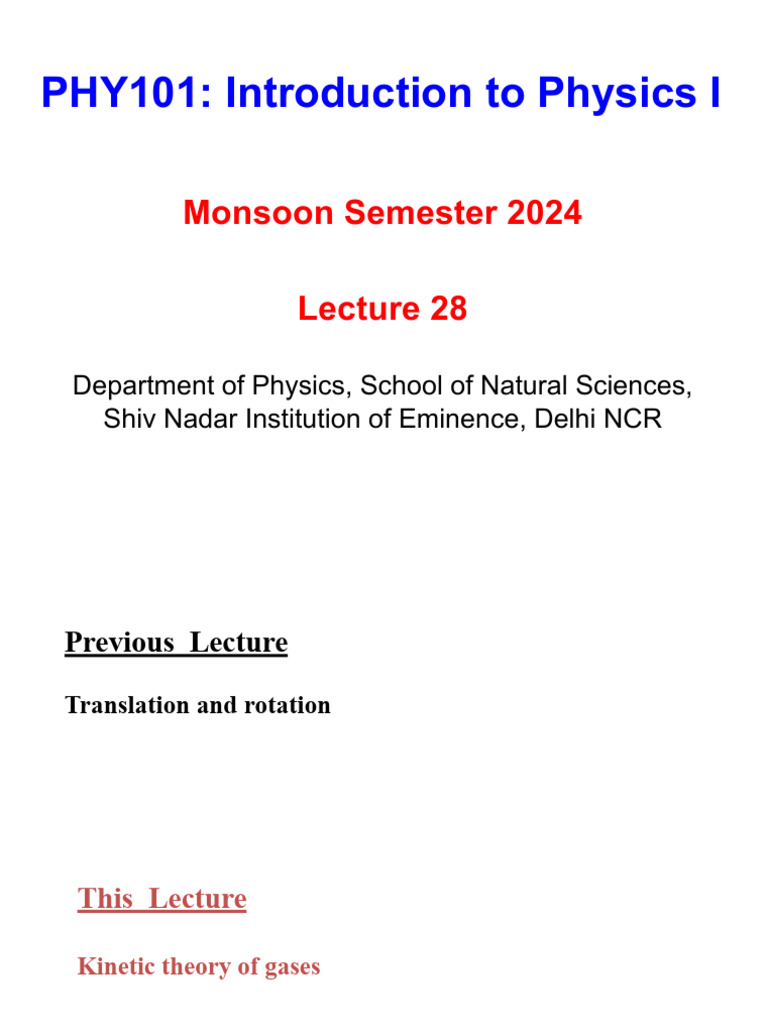 PHY101 Lecture 28 2024 | PDF | Gases | Force