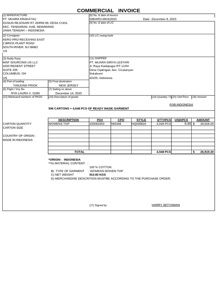 Invoice & Packing List Sample 535 AJU 742 | PDF