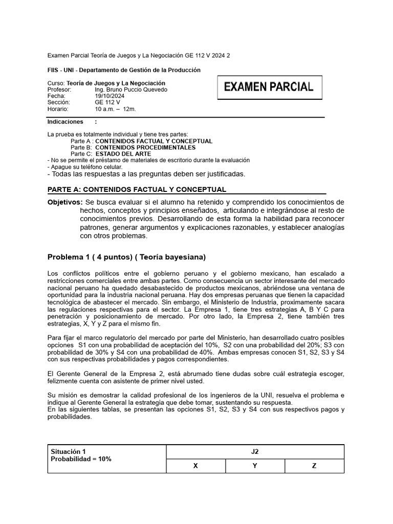 SOLUCIONARIO Examen Parcial Teoría de Juegos y La Negociación GE 112 V 2024 2 | PDF | Mercado ...