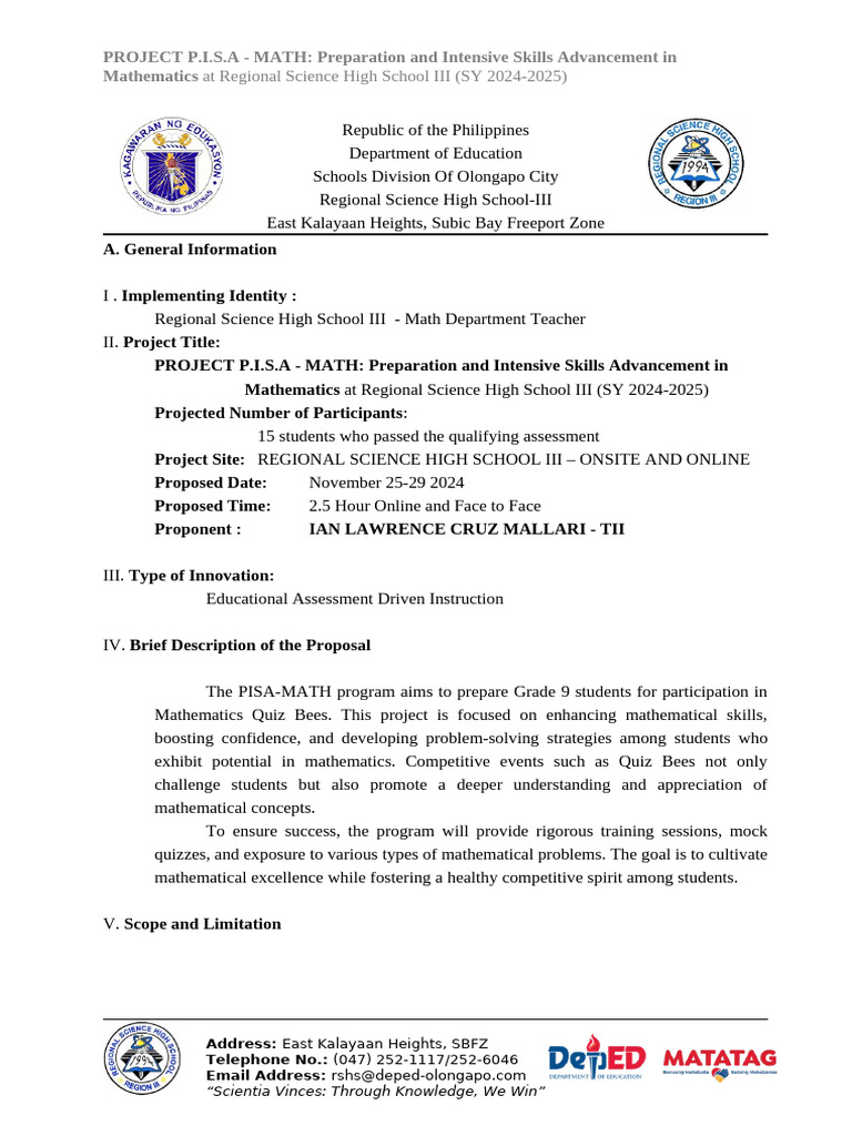 Deped Format Project Pisa Quiz Sy2023 2024 | PDF | Mathematics | Learning