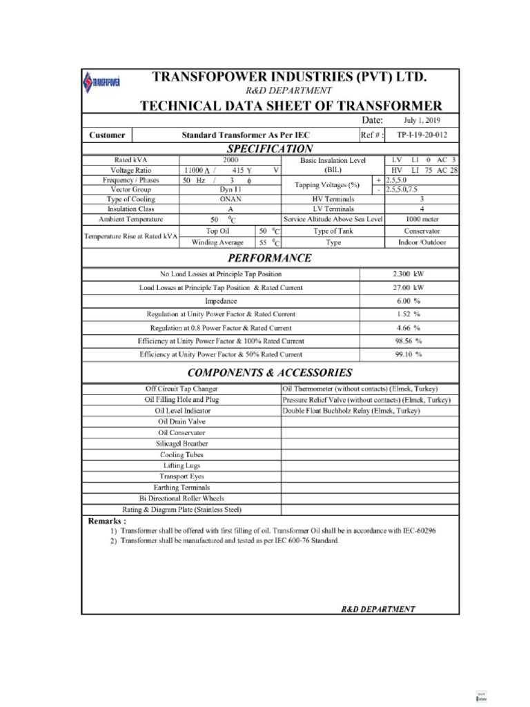 2000kVA TDS & Drawing | PDF