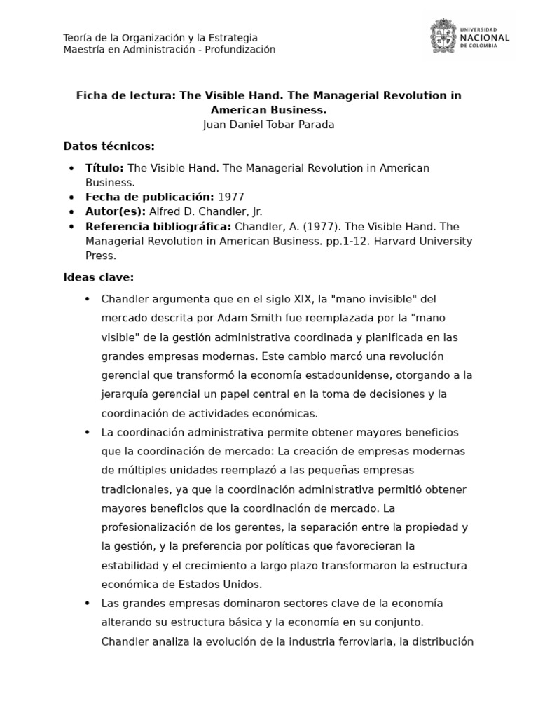 Ficha de Lectura The Visible Hand. The Managerial Revolution in ...