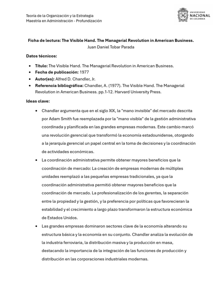 Ficha de Lectura The Visible Hand. The Managerial Revolution in ...