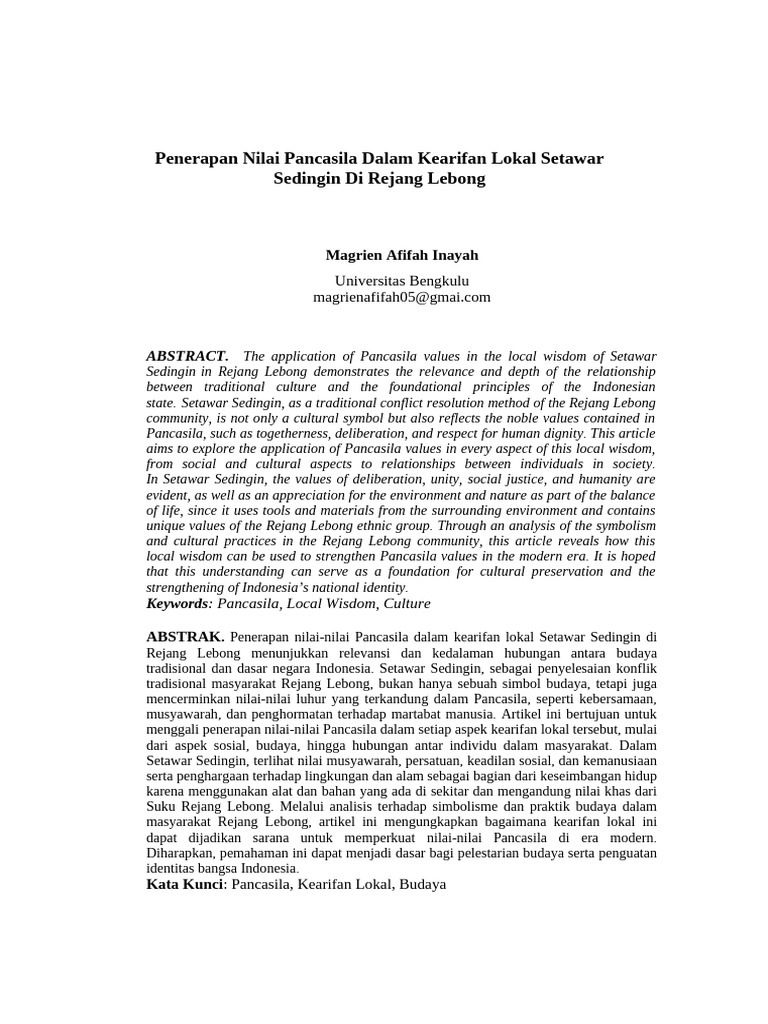 Penerapan Nilai Pancasila Dalam Kearifan Lokal Setawar Sedingin Di ...
