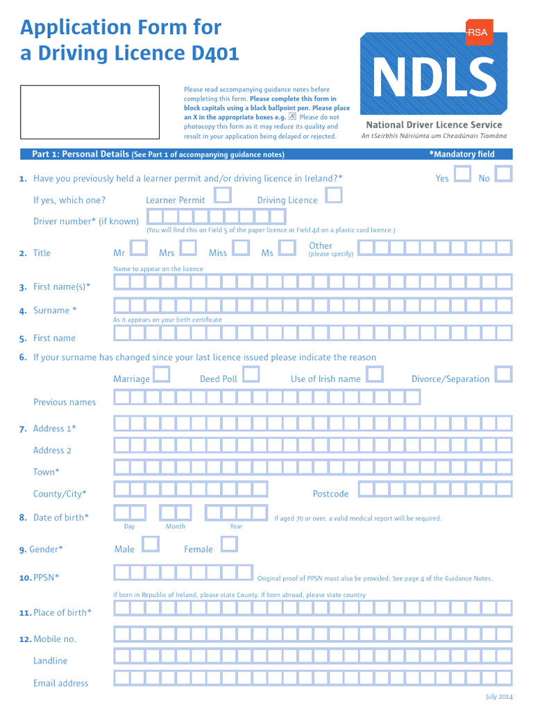 D401 Full Licence App Form | PDF | Driver's License | Identity Document