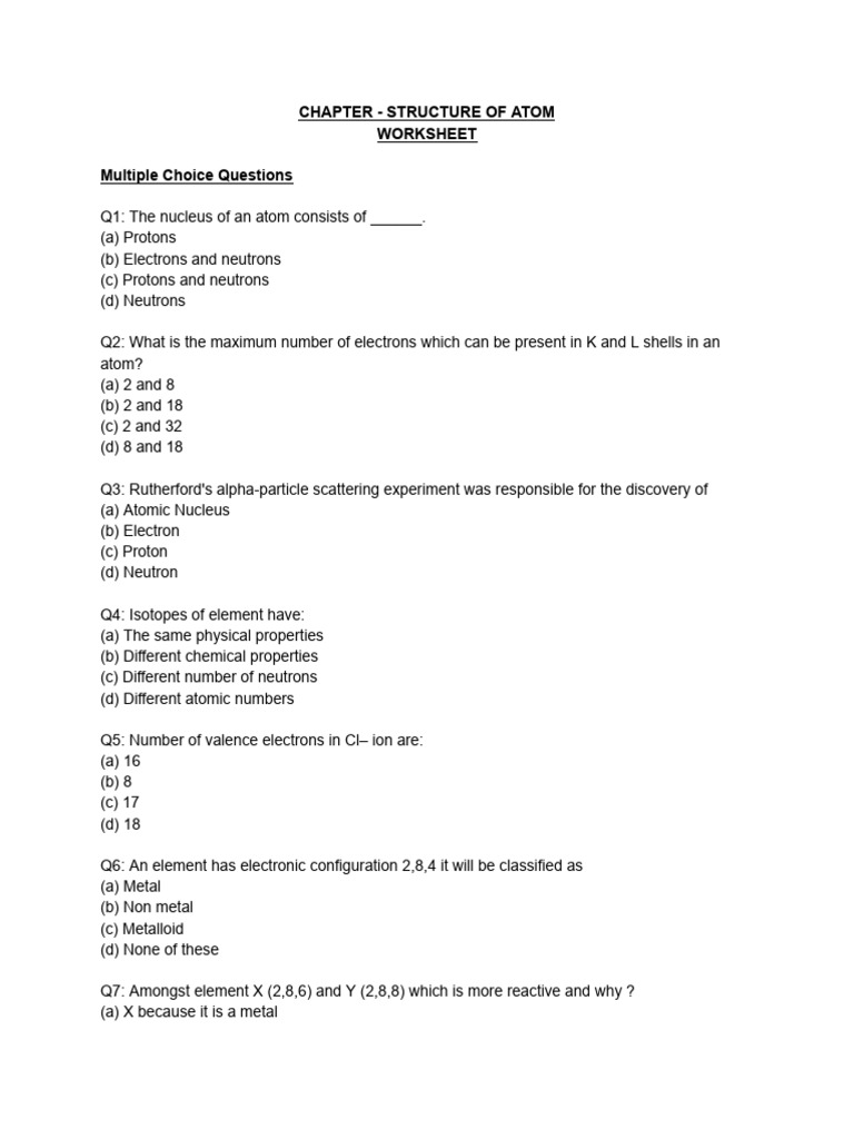 Structure of Atom (Worksheet) | PDF | Atoms | Proton