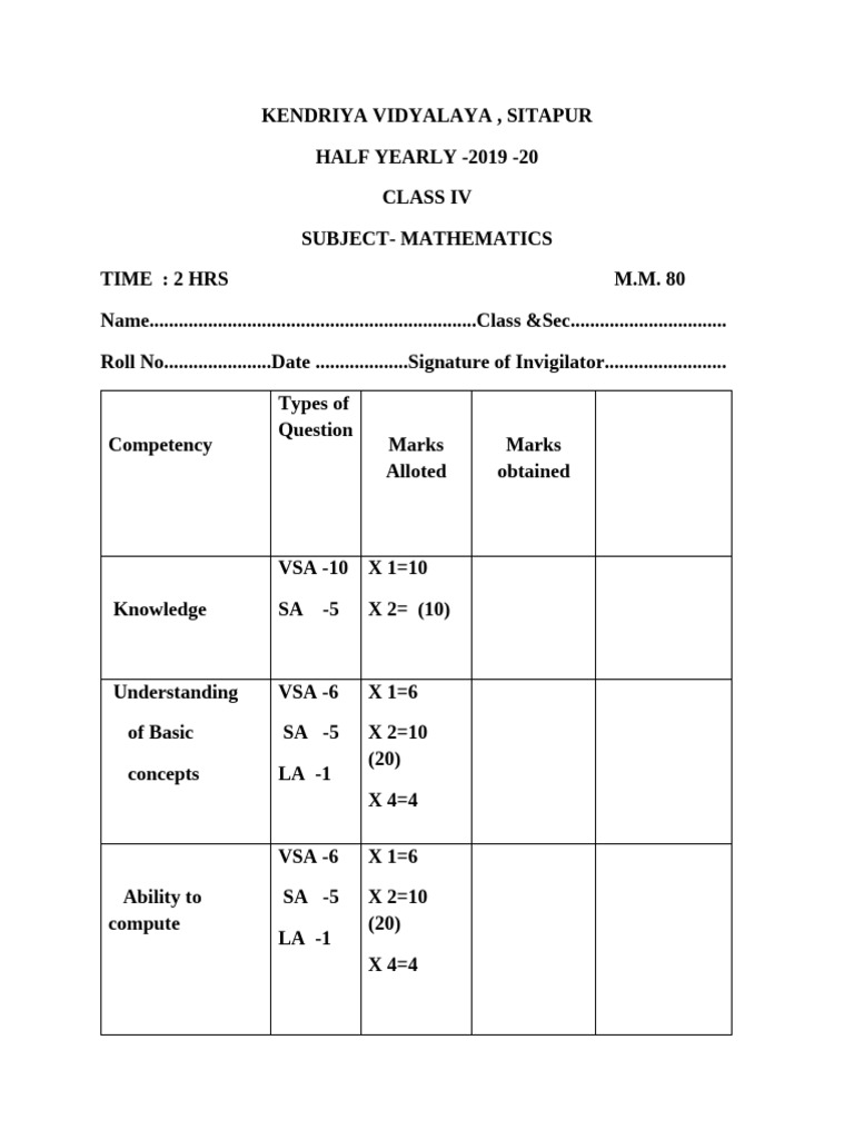 Class IV Math Exam Paper | PDF | Mathematics