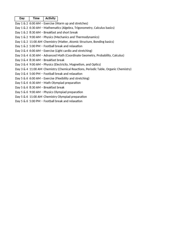 6-Day Study and Exercise Schedule | PDF