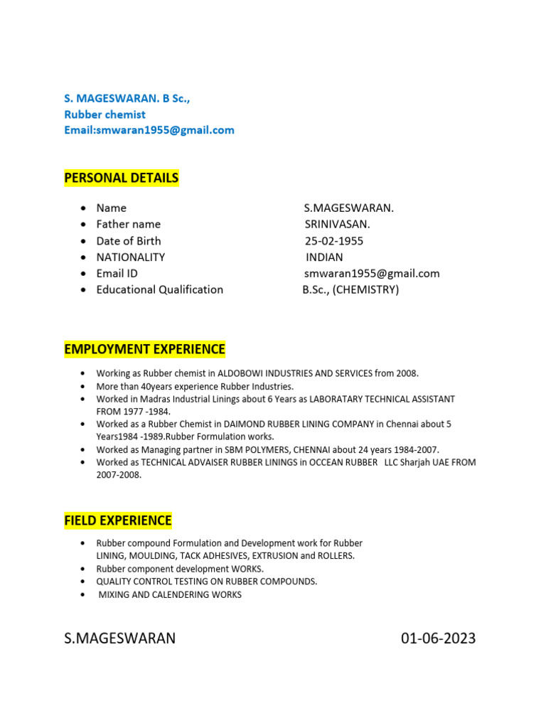 Personal Details: S. Mageswaran. B SC., Rubber Chemist | PDF