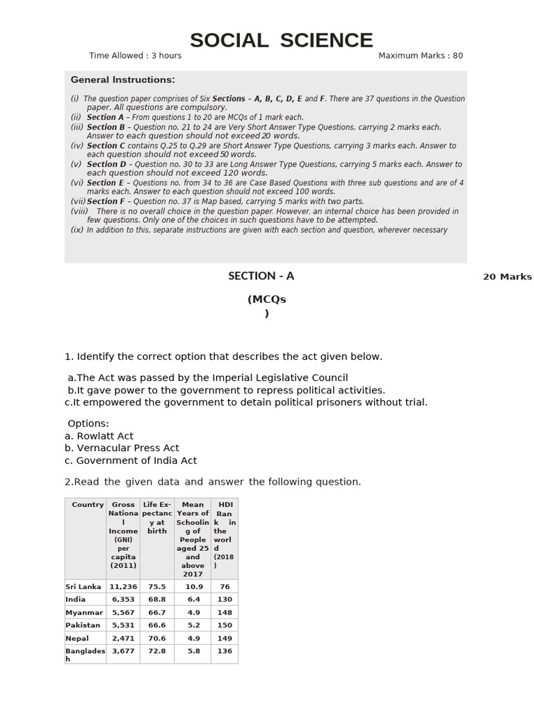 Social Science Exam Paper | PDF | Human Development Index