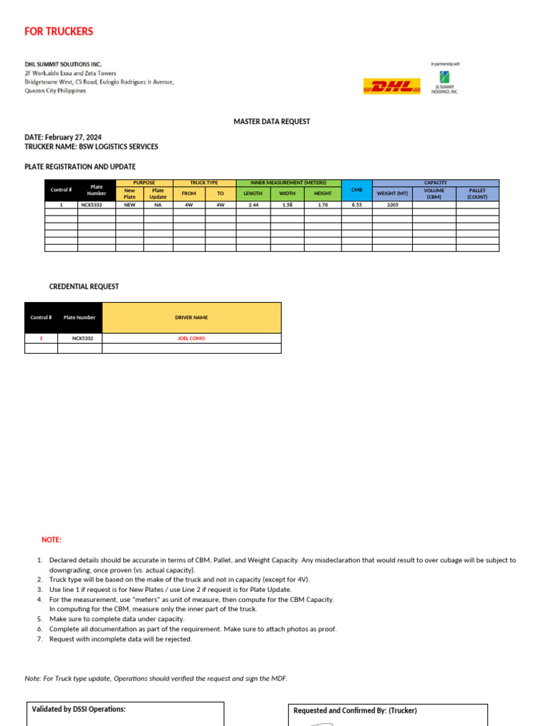 Master Data Request Template (2022) | PDF | Truck Driver | Vehicles