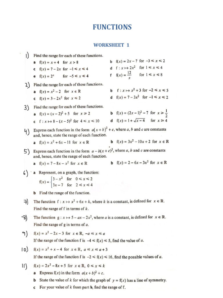 Functions - WS 1 | PDF