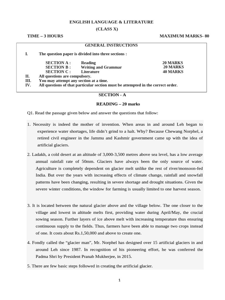 Class 10 English Question Paper For Half Yearly Exams | PDF | Glacier | Ice