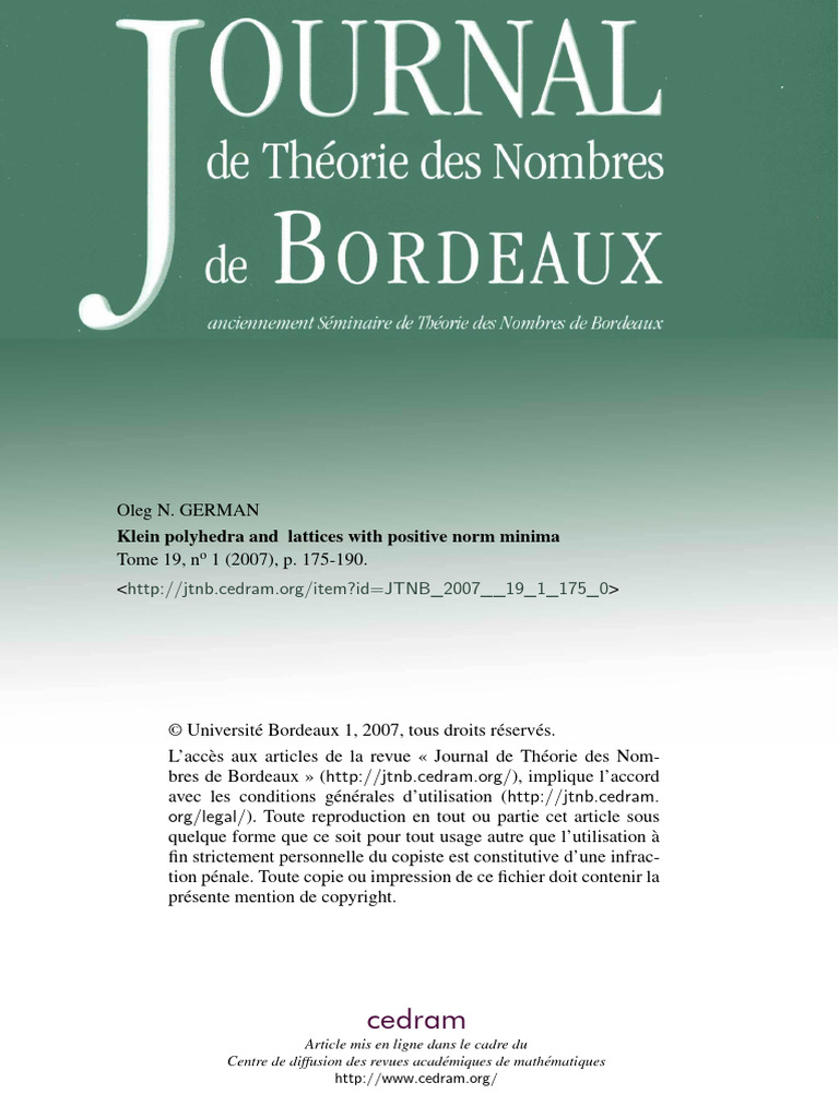 German. 2007 - JTNB - Klein Polyhedra and Norm Minima | PDF | Geometry ...