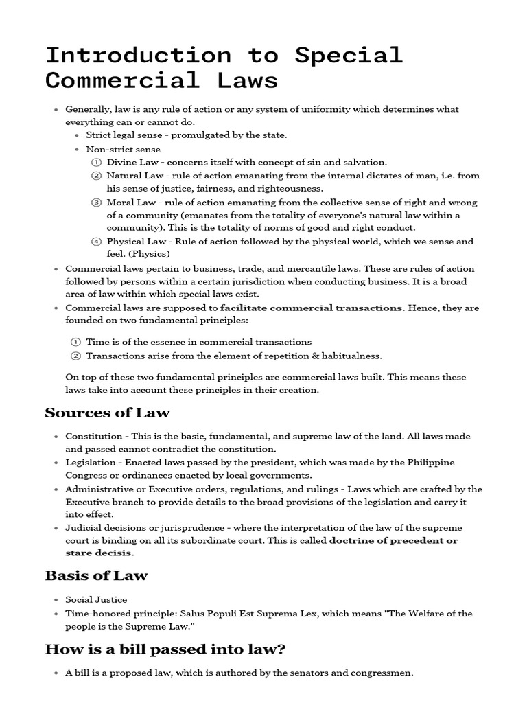 Introduction To Special Commercial Laws | PDF | Bill (Law) | Precedent