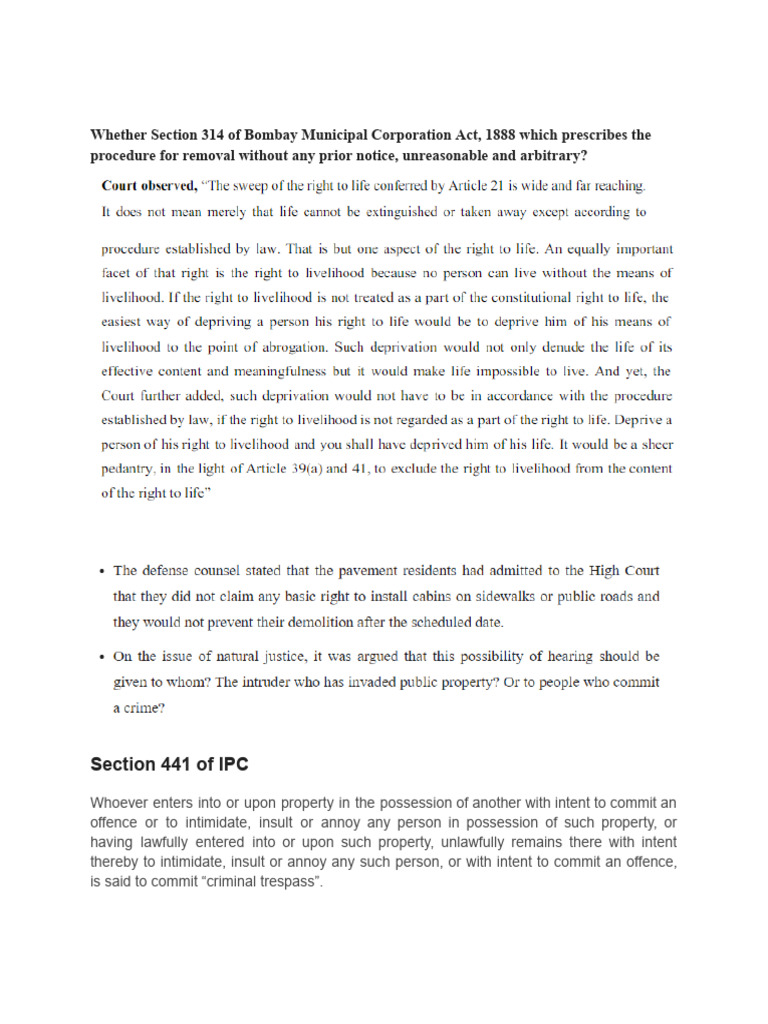 Whether Section 314 of Bombay Municipal Corporation Act, 1888 Which ...
