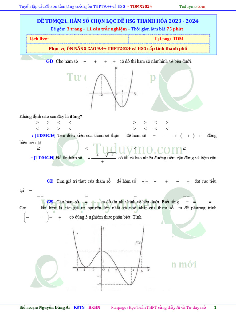 Đề Tdmq21 - các Câu Hàm Số - đề Hsg Thanh Hóa 2023 - 2024 | PDF