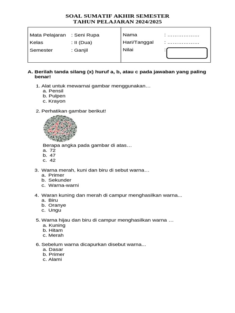 Soal SAS 1 Seni Rupa Kelas 2 | PDF | Seni