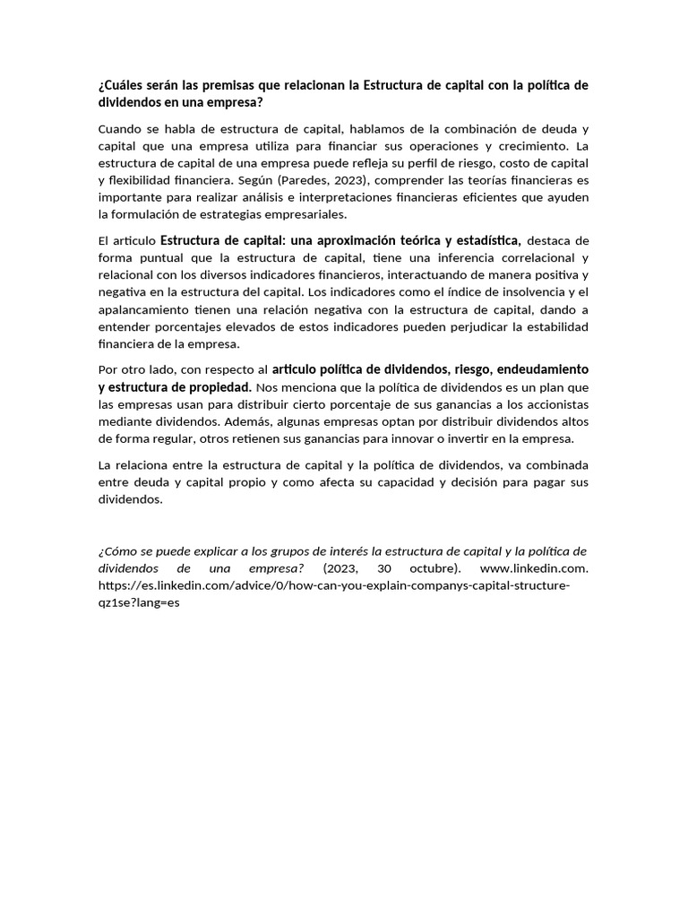 Cuáles Serán Las Premisas Que Relacionan La Estructura de Capital Con ...